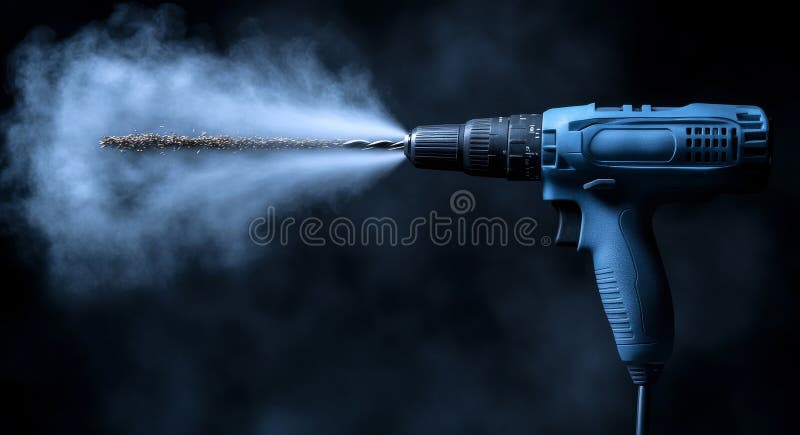 Blue-colored Electric Power Drill with Spinning Drill Bit and Debris ...