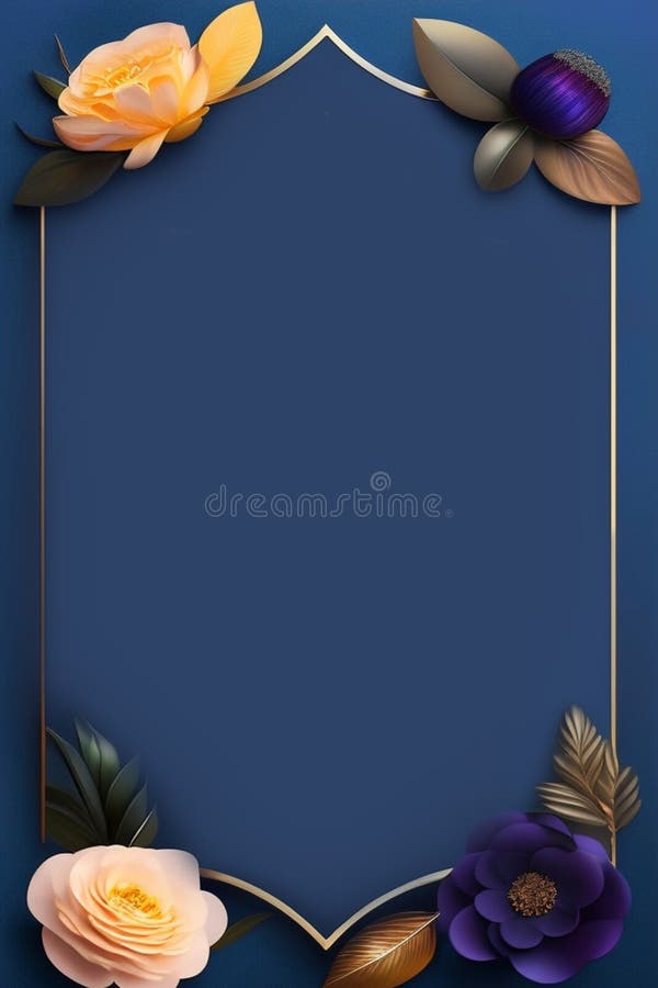 Blue Colored Empty Background. Floral Golden Border Design Generative ...