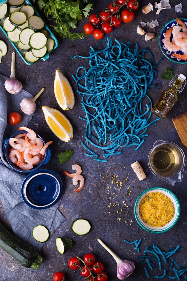Blue Colored Pasta on Dark Background. Flat Lay. Copy Space. Top View ...