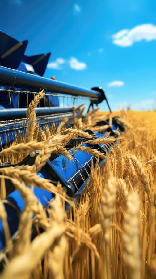 Blue Combine Harvesting Wheat in Middle of Field. Generative AI. Stock ...