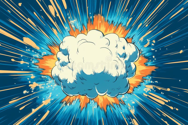 Blue Comic Book Style Explosion Effect with Central White Cloud Burst ...
