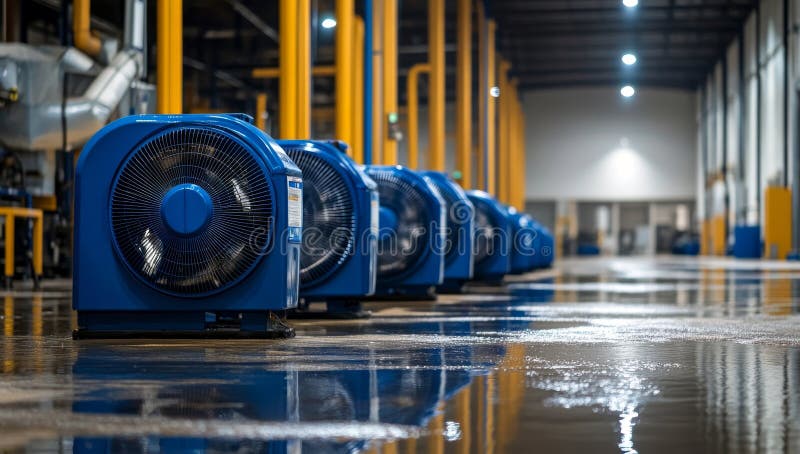 Blue Commercial Dehumidifying Fans in a Warehouse with a Wet Floor ...