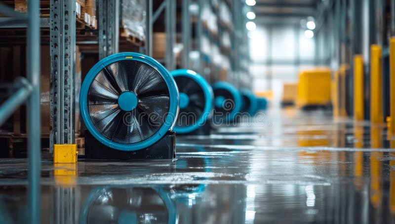 Blue Commercial Dehumidifying Fans in a Warehouse with a Wet Floor ...