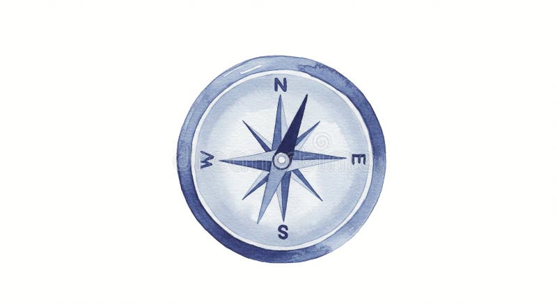 Blue Compass with Needle Pointing North Watercolor Illustration on ...