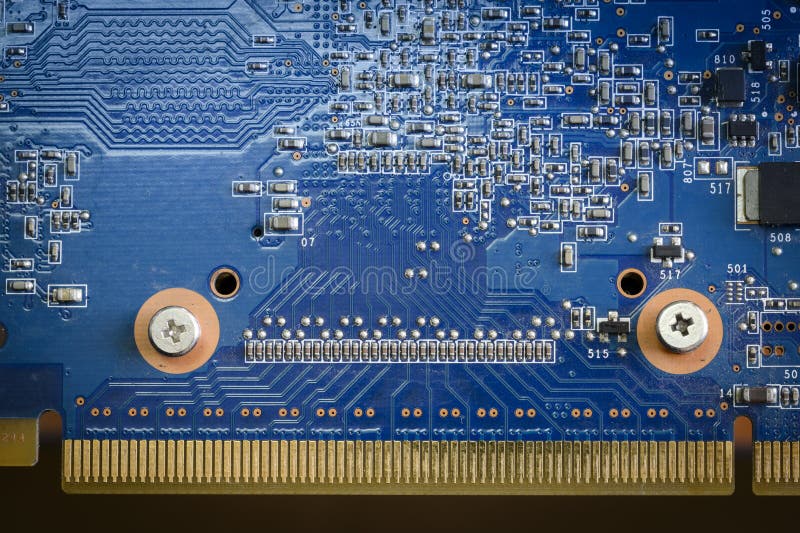 Blue Computer Board with Screws, Capacitors, Microchip and Gold-plated ...