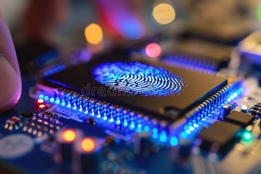 A Blue Computer Chip with a Finger Print on it Stock Photo - Image of ...