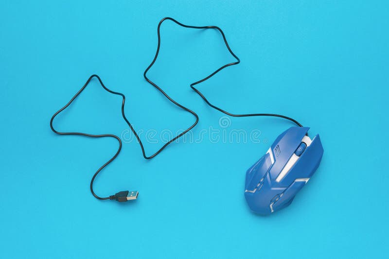 A Blue Computer Mouse with a USB Cable on a Blue Background Stock Image ...