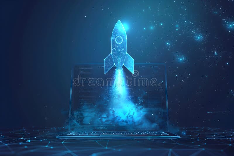 A Blue Computer Screen with a Rocket on it Generated by AI Stock ...