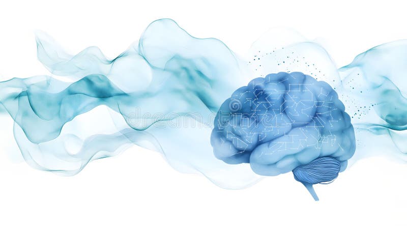 Blue Conceptual Illustration of a Human Brain Surrounded by Abstract ...