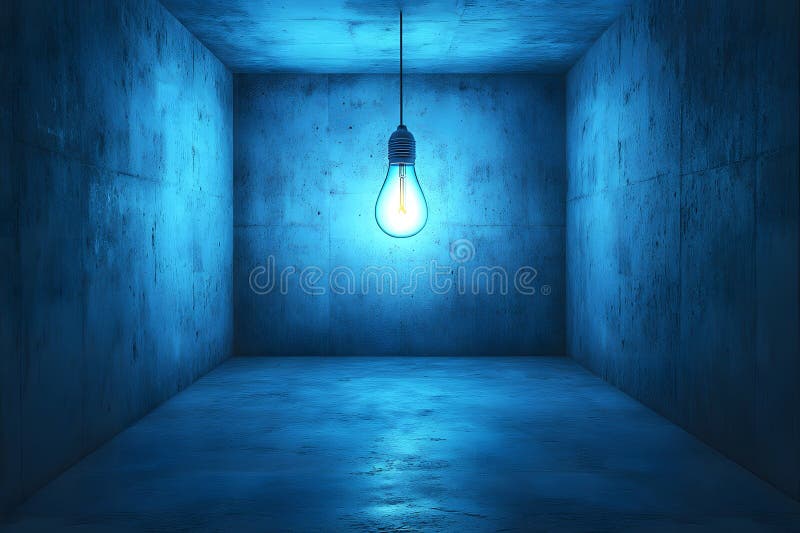 Blue Concrete Room with Hanging Light Bulb Minimalist Interior Design ...