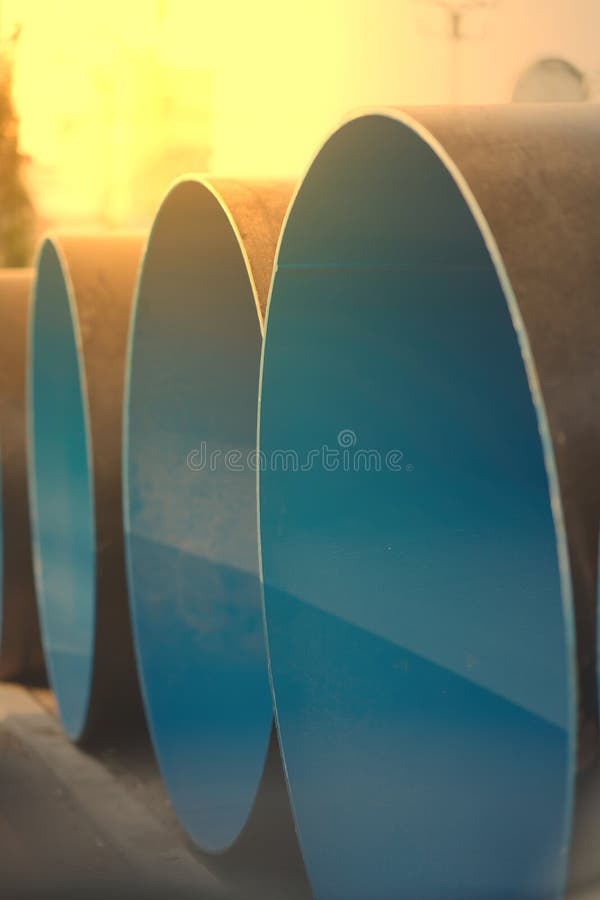 Blue Construction Big Pipe before Install with Sun Flare Stock Photo ...