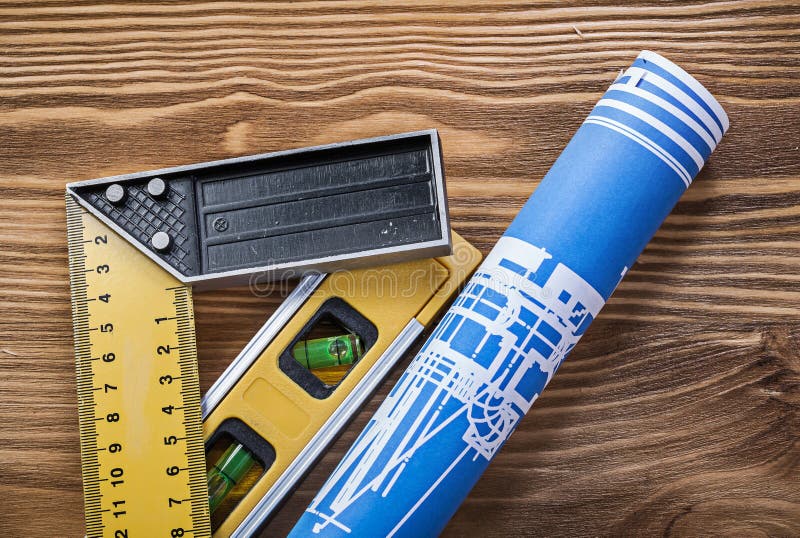 Blue Construction Drawing Level Square Ruler on Wooden Board Stock ...