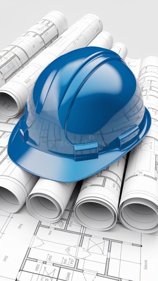 Blue Construction Helmet Atop Rolled Blueprints, Signifying Ongoing ...