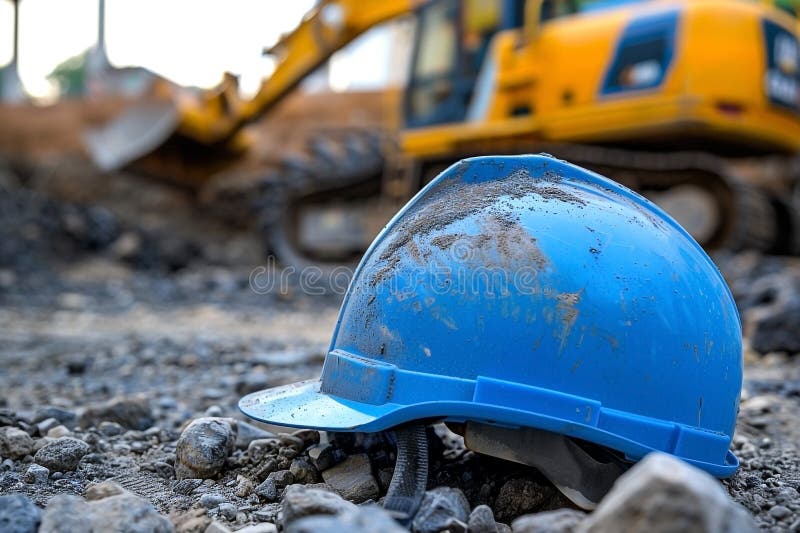 Blue Construction Helmet on the Ground, Blurred Background of an ...