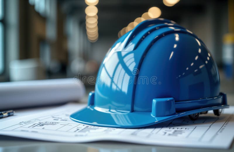 Blue Construction Helmet Rests on Blueprints with Technical Drawings ...