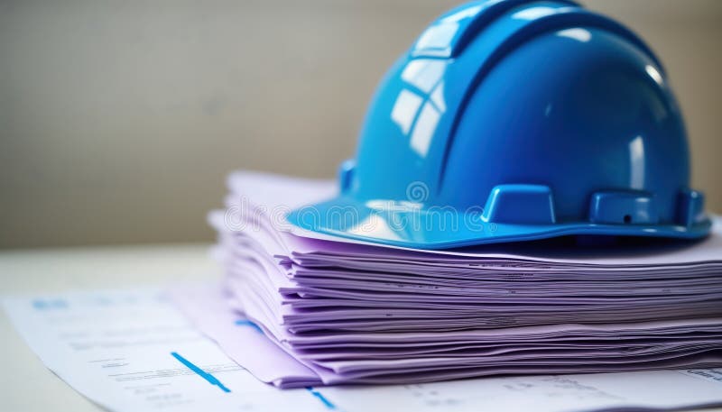 Blue Construction Helmet Rests on Stack of Documents. Documents ...