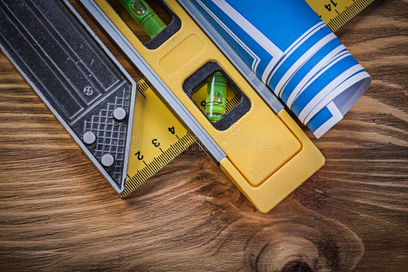 Blue Construction Plan Level Try Square on Wooden Board Stock Photo ...