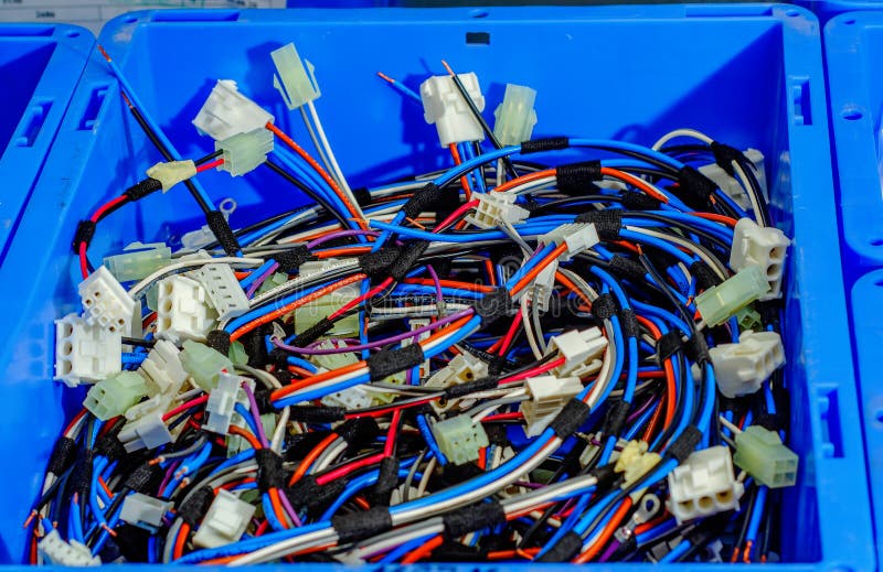 A Blue Container with a Bunch of Colored Cables, Connections, Wires ...