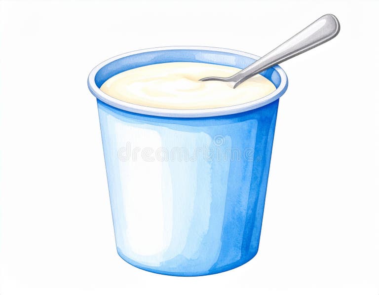 Blue Container Filled with White Yogurt and Spoon on White Background ...