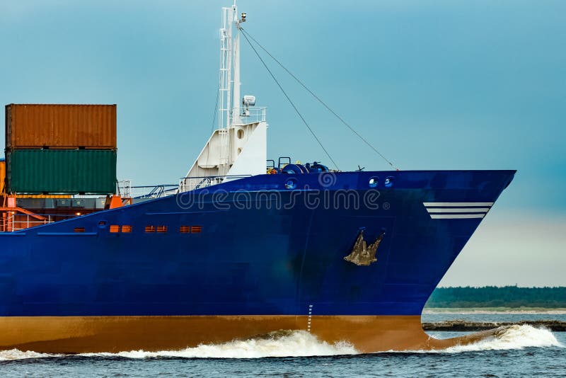 Blue Container Ship Underway Stock Image - Image of square, metal ...