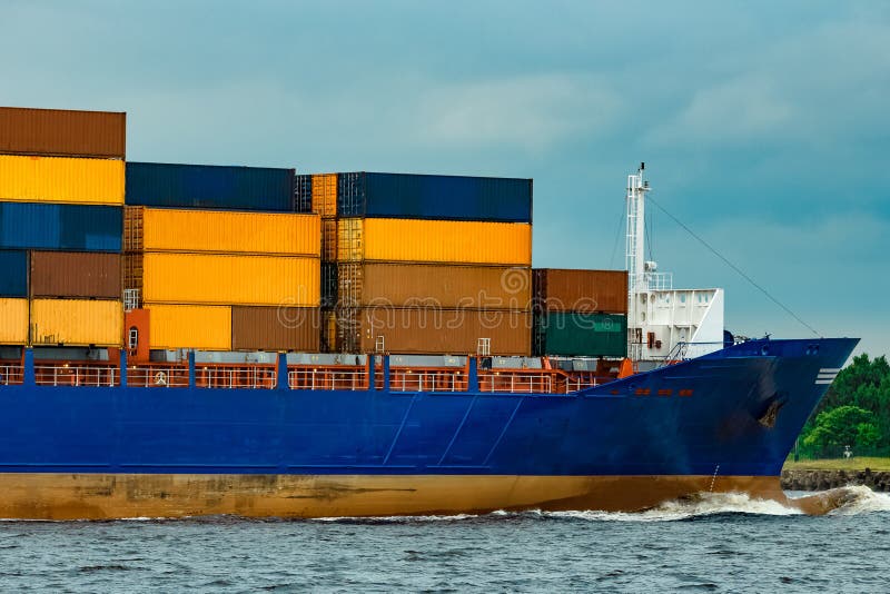 Blue container ship stock image. Image of ship, sailing - 99716943