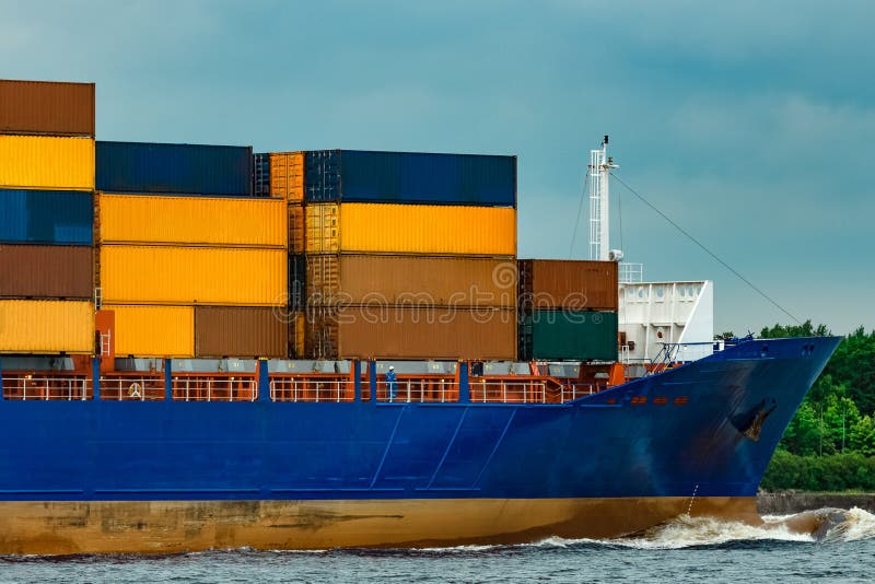 Blue container ship stock image. Image of ship, sailing - 99716943