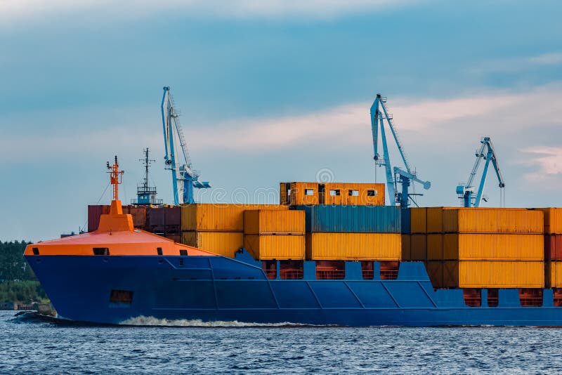 Blue Container Ship Underway Stock Image - Image of riga, freight ...