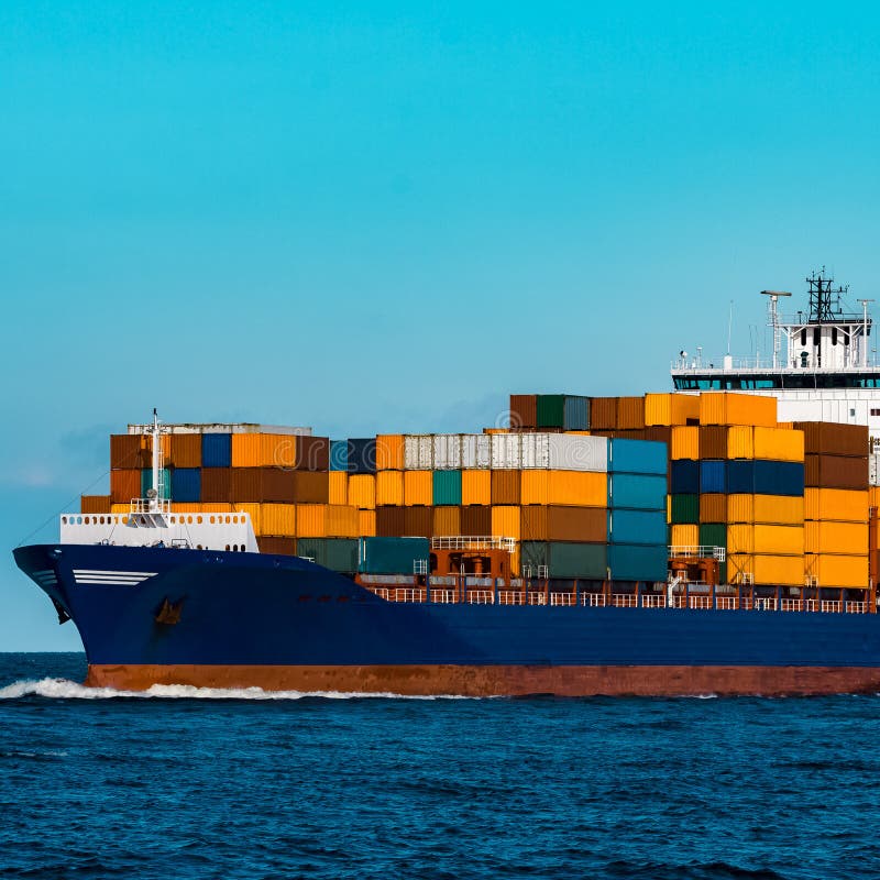 Blue Container Ship Underway Stock Image - Image of riga, commercial ...