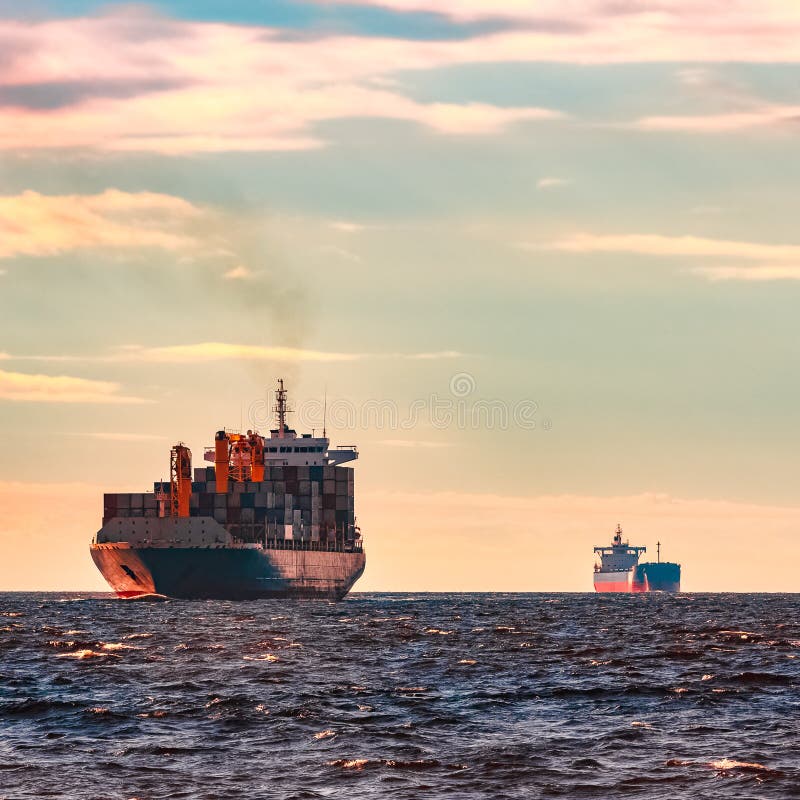 Blue Container Ship Underway Stock Image - Image of export, boat: 107769153