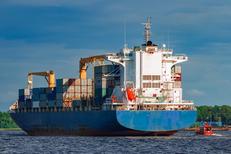 Blue Container Ship Underway Stock Photo - Image of transfer, large ...