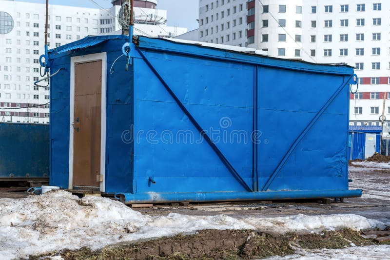 Blue Container for Temporary Stay of Builders Stock Photo - Image of ...