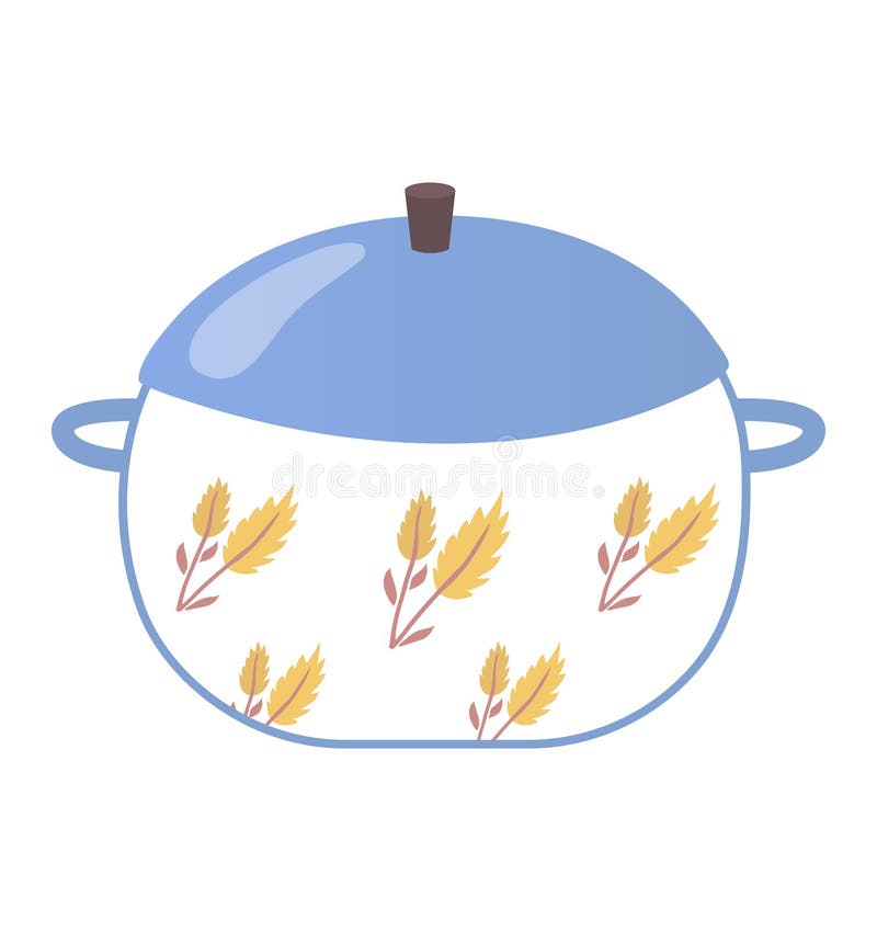 Blue Cooking Pot with Lid and Wheat Pattern Design. Kitchen Utensil ...