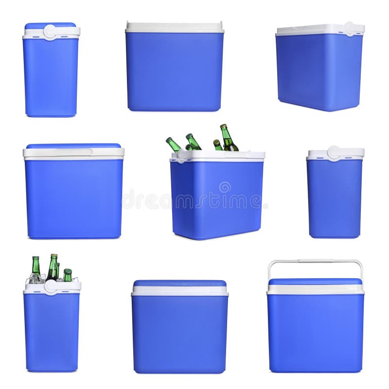 Blue Cool Box Isolated on White, Collage Stock Image - Image of drink ...
