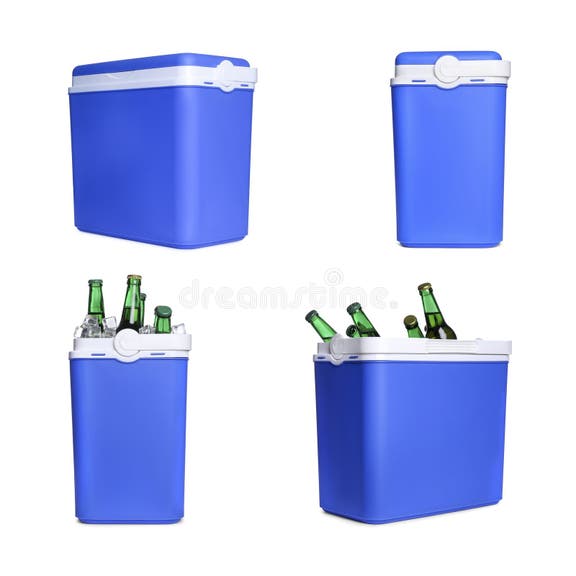 Blue Cool Box Isolated on White, Collage Stock Photo - Image of plastic ...