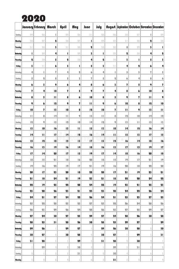 Portrait 2020 Wall Planner Month Column Stock Vector - Illustration of ...