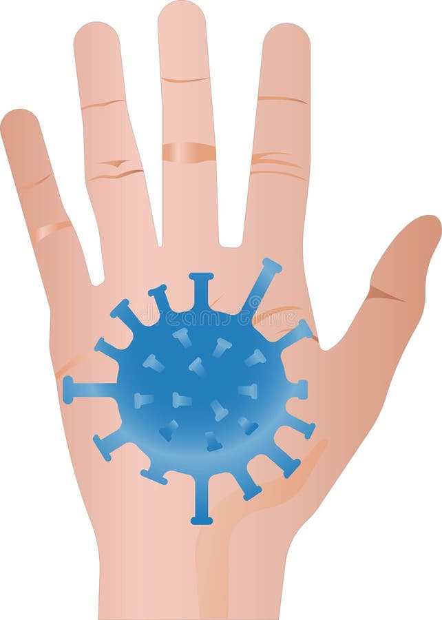 Blue Coronavirus on a Human Hand. Icons on a White Background. Stock ...