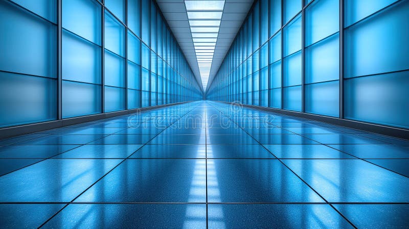 Blue Corridor, Reflective Floor, Lights, Modern Building, Future Tech ...