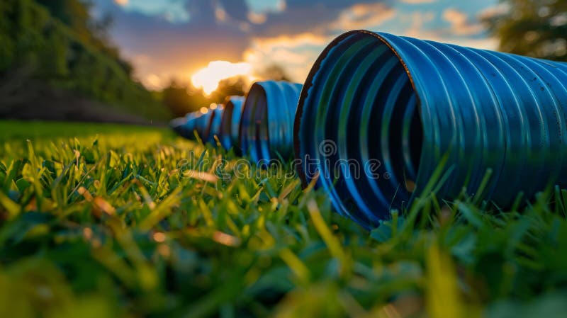 Blue Corrugated Pipes on Grass at Sunset Stock Photo - Image of ...