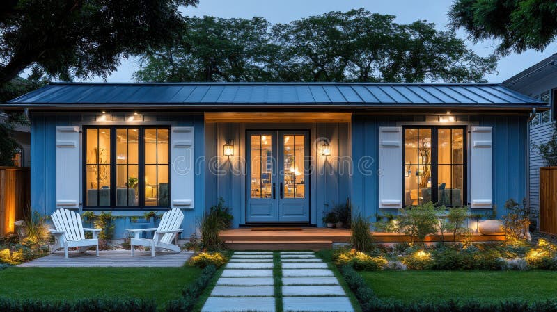 Blue Cottage House Exterior at Night with Pathway Lighting Stock Image ...