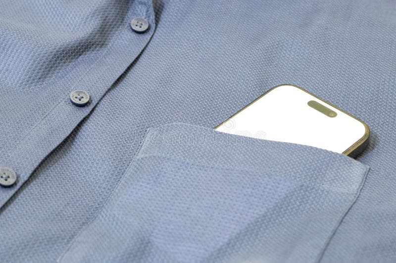 Blue Cotton Shirt Pocket Holding Mobile Phone or Smart Phone with White ...