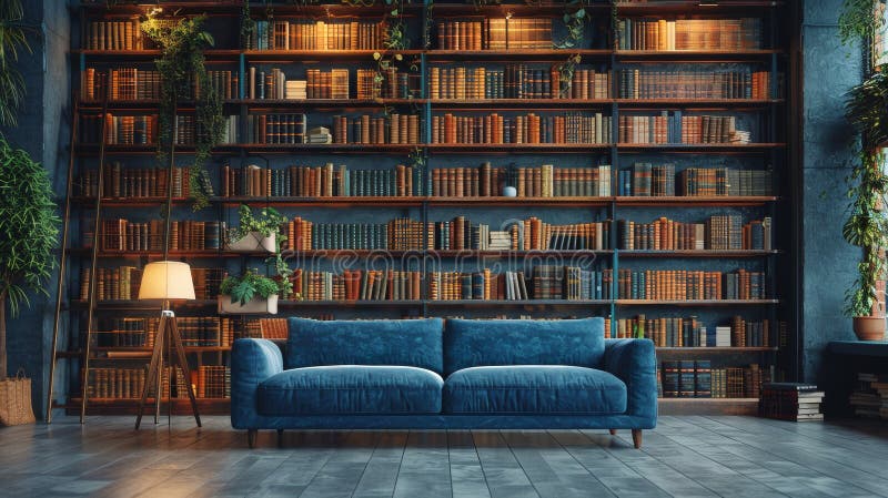 A Blue Couch in Front of a Bookshelf Filled with Books Stock Image ...