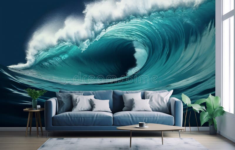 Blue Couch and Large Wave Painted Wall in Living Room Stock Image ...