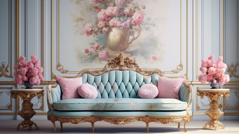 Elegantly Formal Rococo Bedroom with Blue Sofa and Pink Flowers Stock ...