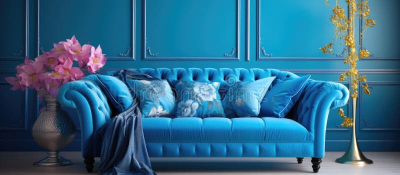 A Blue Couch Sits in a Living Room with Matching Azure Walls Stock ...