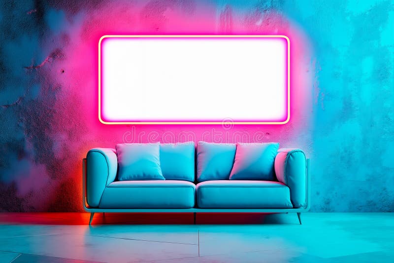 A Blue Couch Sitting in Front of a Neon Sign on a Wall Stock Photo ...