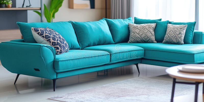 A Blue Couch Situated Next To a Window in a Living Room Stock Photo ...