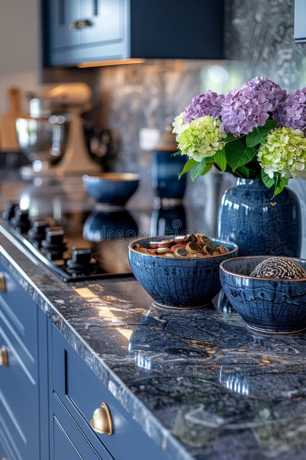 A Blue Counter with a Bowl of Flowers and Another One on the Side, AI ...