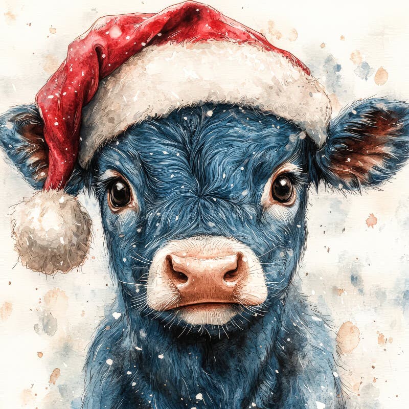 Blue Cow with a Red Hat on Its Head. Stock Photo - Image of winter ...