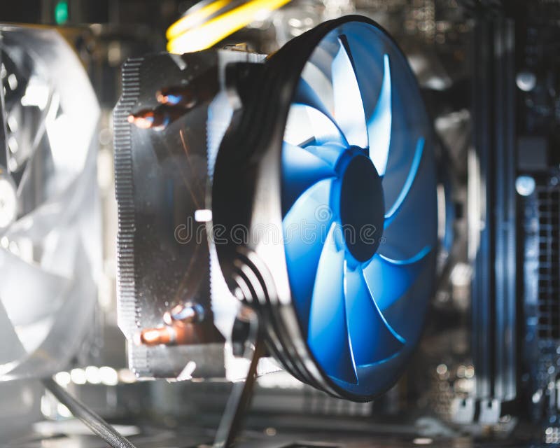 Blue Cpu Cooler Inside PC Case, Shiny Light Background Stock Image ...