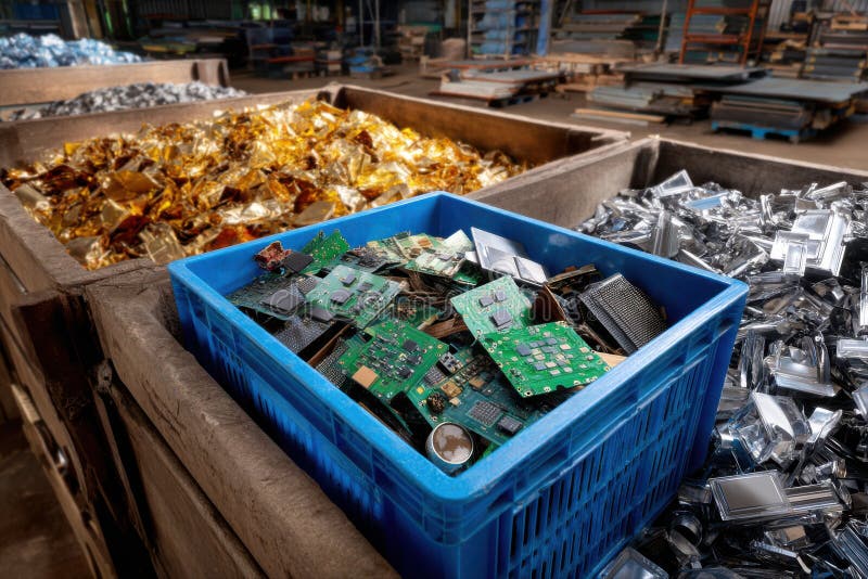 Blue Crate Filled with Various Electronic Circuit Boards is Placed in ...